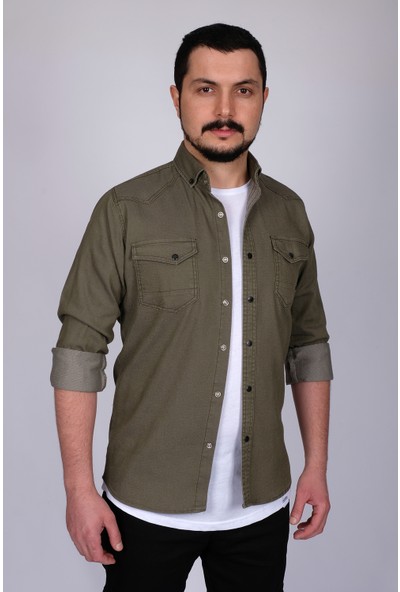 Bombe Erkek Yeşil Çift Cepli Çıtçıtlı Kot Gömlek 585133GMB