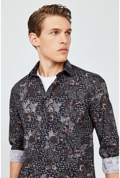 AVVA Erkek Haki Baskılı Klasik Yaka Slim Fit Gömlek A02Y2093