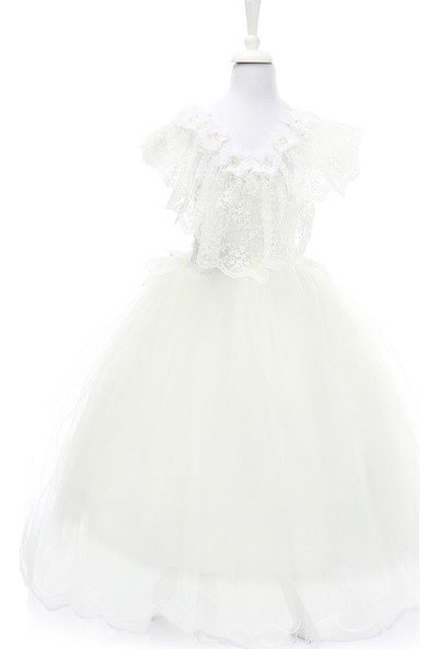 Mileny Yakası Fır Fırlı Dantel Işlemeli Kız Çocuk Gelinlik