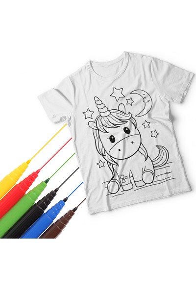 T-Moni Design Boyanabilir Unicorn Desenli Kız Çocuk Tişörtü+ Faber Castell 6'lı Keçeli Kalem Seti T-Moni Design Boyanabilir Unicorn Desenli Kız Çocuk Tişörtü+ Faber Castell 6'lı Keçeli Kalem Seti