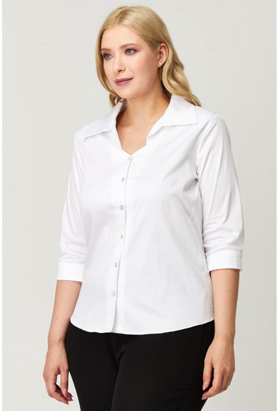 Kifayet Ekru Turvakal Kol Büyük Beden Kadın Gömlek