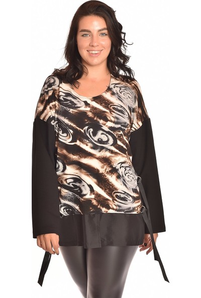 Ultimod Kahverengi Baskılı Kuşak Detaylı Büyük Beden Bluz ULT3521