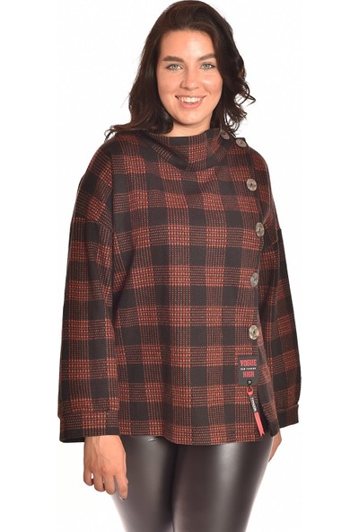 Ultimod Kiremit Ekose Düğmeli Büyük Beden Kadın Ceket ULT20340