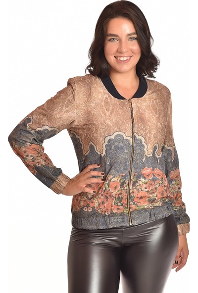 Ultimod Lacivert Baskılı Fermuarlı Büyük Beden Ceket ULT3502