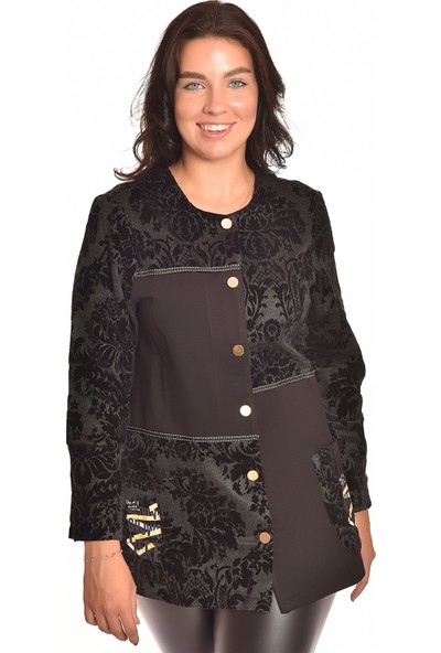 Ultimod Siyah Önü Çıtçıtlı Şerit Detaylı Büyük Beden Ceket ULT514