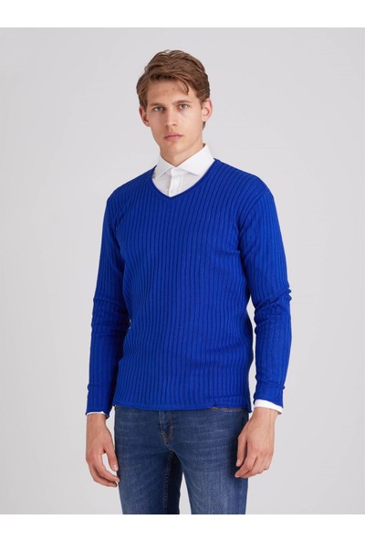 Dufy Saks V Yaka Çizgi Desenli Erkek Triko Slim Fit