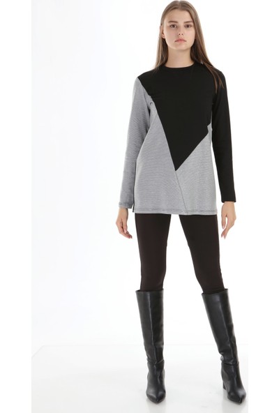 Moda Minerva Siyah Gri Örme Blok Tunik 1K4213MO Moda Minerva Siyah Gri Örme Blok Tunik 1K4213MO