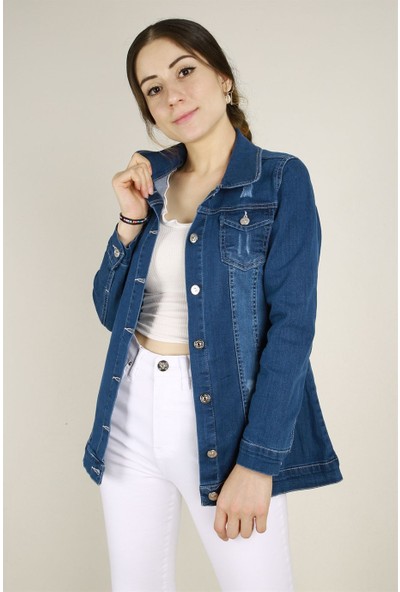 Z Giyim Kadın Mavi Yıpratmalı Yıkamalı SlimFit Kot Ceket