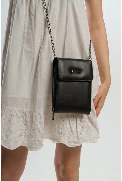 Kurtuluş Çanta Zincir Askılı Deri Cüzdan Kadın Çantası Siyah