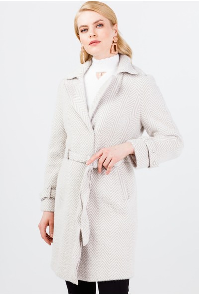 Ekol Kadın Inci Detaylı Beli Kuşaklı Kaban 07049 Ekru