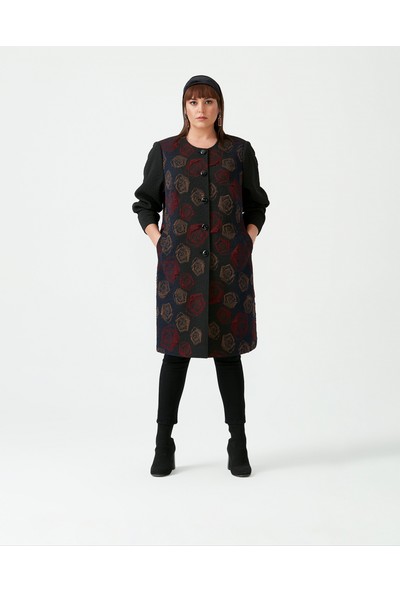 Galaxi Kadın Büyük Beden Desenli Uzun Ceket 05102 Siyah