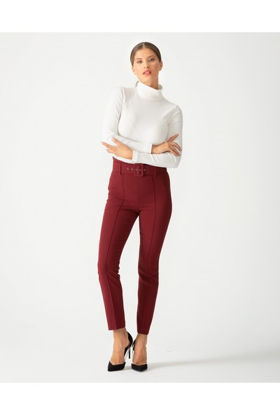 Seçil Kadın Kemer Detaylı Dar Paça Pantolon 03049 Bordo