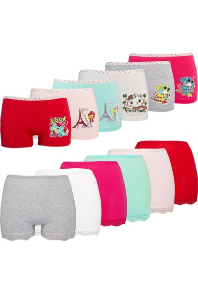 Dondeza 12'li Pamuklu Penye Kız Çocuk Dantelli-Baskılı Boxer Dondeza 12'li Pamuklu Penye Kız Çocuk Dantelli-Baskılı Boxer