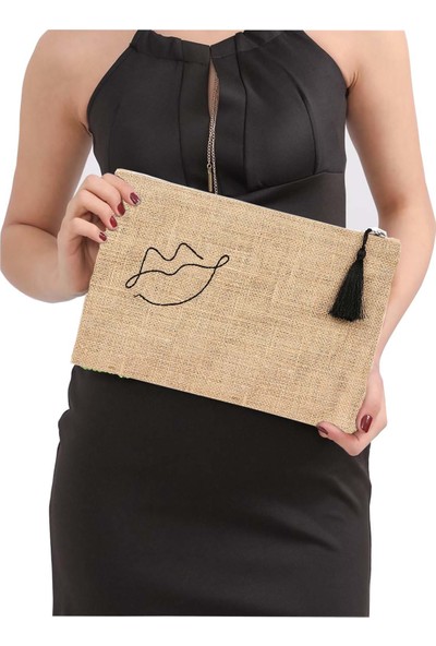 Ju Yaratıcı Tasarım Hasır Kadın Portföy Clutch Çanta Dudak
