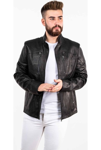 Deri Effect Siyah Jumbo Deri Detaylı Erkek Deri Mont Deri Effect Siyah Jumbo Deri Detaylı Erkek Deri Mont