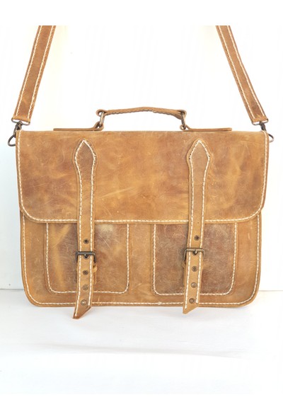 Semiramis El Yapımı Çift Bölmeli Camel Crazy Deri Vintage Laptop Evrak Çantası