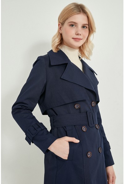 Pamuk Gabardin Uzun Kruvaze Trençkot