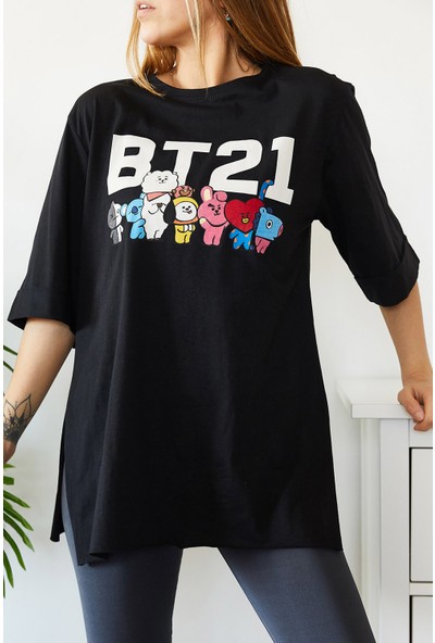 Xhan Yanı Yırtmaçlı Baskılı Boyfriend Tişört 0YXK1-43716-02