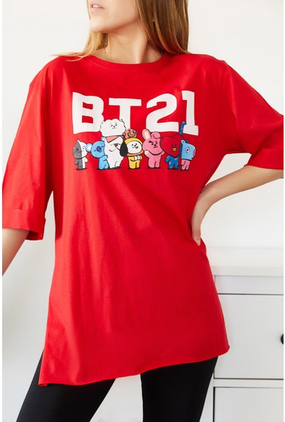 Xhan Yanı Yırtmaçlı Baskılı Boyfriend Tişört 0YXK1-43716-04