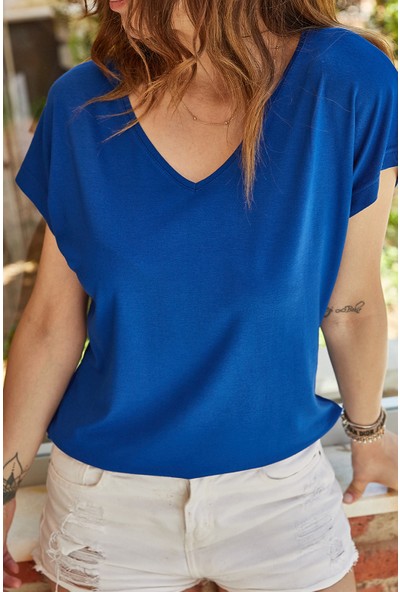 Xhan V Yaka Dökümlü Viskon T-Shirt 0YXK2-43377-15