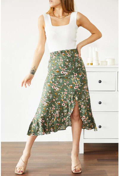 Xhan Yeşil Fırfırlı Desenli Etek 0YXK7-43732-08 Xhan Yeşil Fırfırlı Desenli Etek 0YXK7-43732-08