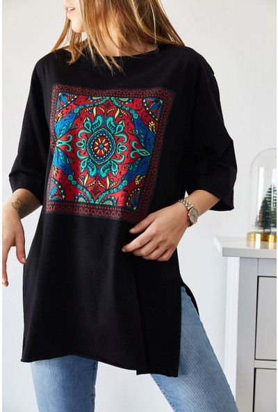 Xhan Etnik Baskılı Boyfriend Yırtmaçlı Tişört 9KXK1-43318-02