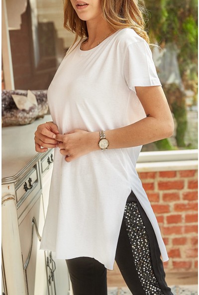 Xhan Yırtmaçlı Bisiklet Yaka Tişört 9YXK1-41909-01