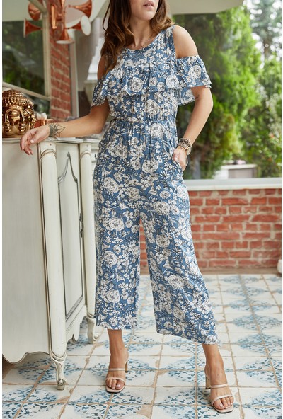 Xhan Çiçek Desenli Omuz Dekolteli Tulum 9YXK6-41278-12