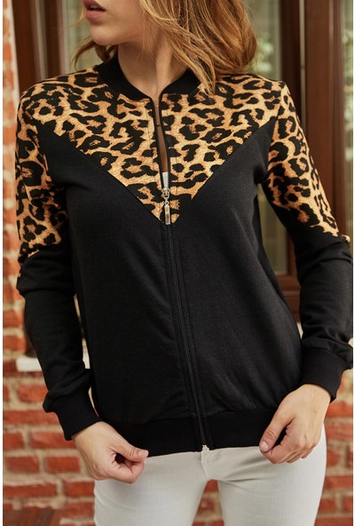 Xhan Leopar Garnili Fermuarlı Sweat 9YXK8-41858-02 Xhan Leopar Garnili Fermuarlı Sweat 9YXK8-41858-02