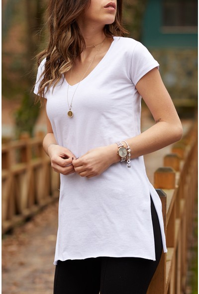 Xhan V Yaka Yırtmaçlı Basic T-Shirt 9KXK1-42903-01