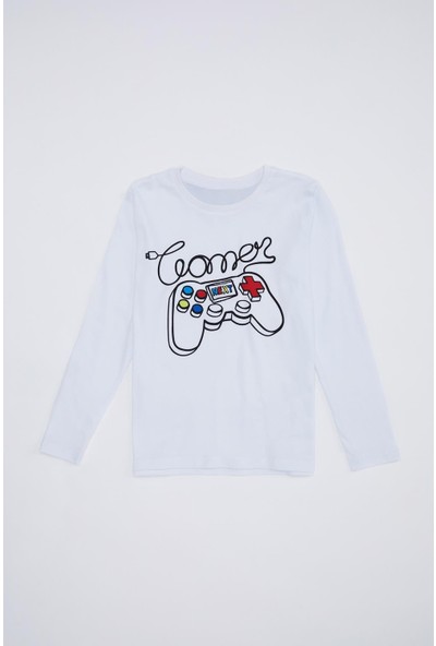DeFacto Erkek Çocuk Bisiklet Yaka Oyun Konsolu Baskılı Dokunmatik Işıklı Uzun Kollu Tişört S9488A620AU