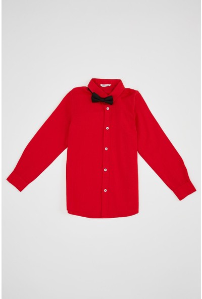 DeFacto Erkek Çocuk Papyonlu Yılbaşı Temalı Keten Görünümlü Uzun Kollu Gömlek S0193A620WN