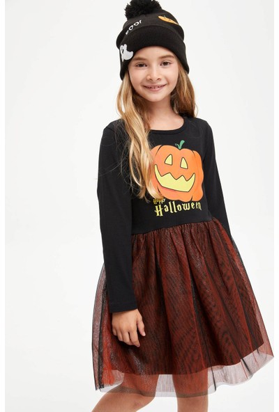 DeFacto Kız Çocuk Halloween Temalı Balkabağı Baskılı Gece Parlayan Elbise M5301A620AU
