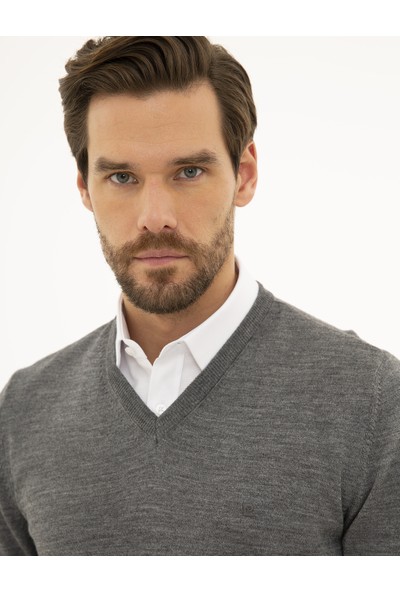 Pierre Cardin Erkek Gri Melanj Slim Fit V Yaka Basic Kazak 50227092-VR086 Pierre Cardin Erkek Gri Melanj Slim Fit V Yaka Basic Kazak 50227092-VR086