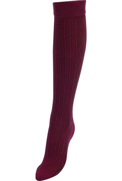 Tüter Diz Altı Bordo Örgü Desenli Kadın Çorabı