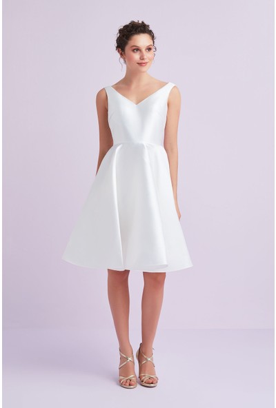 Oleg By Oleg Cassini Beyaz Askılı Saten Düz Kısa Nikah Elbisesi