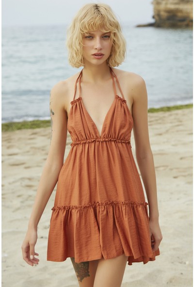 Berfuğ Kıran Sırt Dekolteli Boyundan Bağlamalı Mini Elbise-Kir