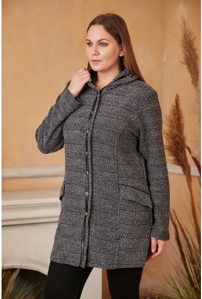 Rmg Cep Detaylı Kapşonlu Büyük Beden Füme Hırka