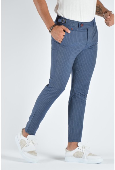 Terapi Men Erkek Çizgili Slim Fit Keten Pantolon 20K-2200367 Indigo