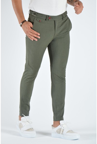 Terapi Men Erkek Çizgili Slim Fit Keten Pantolon 20K-2200371 Haki