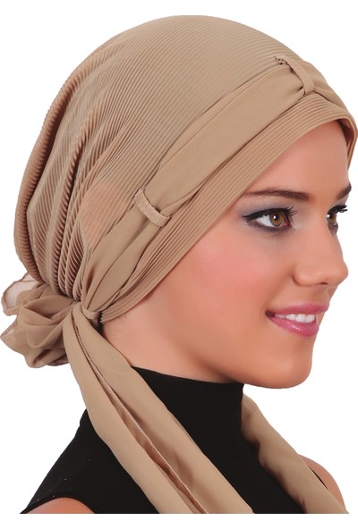 Fidan Bone Plise Fularlı Arkası Şifon İncili Çiçek Aksesuarlı Hazır Bone