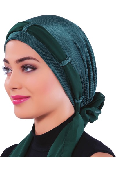 Fidan Bone Plise Fularlı Arkası Şifon İncili Çiçek Aksesuarlı Hazır Bone