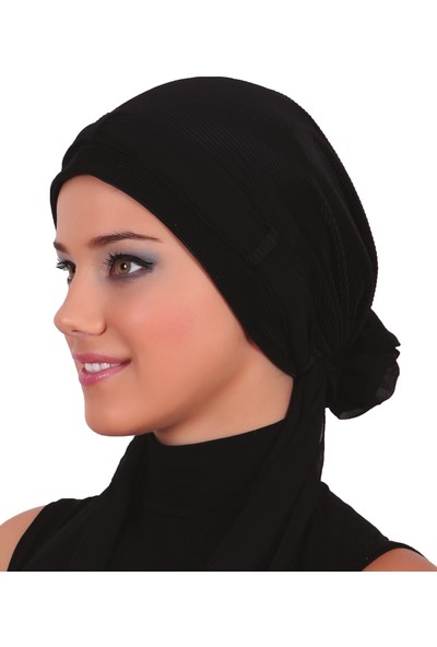 Fidan Bone Plise Fularlı Arkası Şifon İncili Çiçek Aksesuarlı Hazır Bone