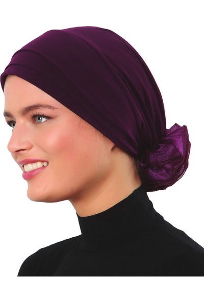Fidan Bone Katlı Arkası Organze Güllü Hazır Türban Tesettür Bone
