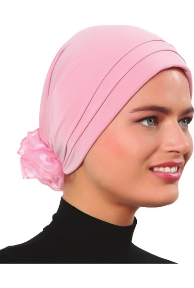 Fidan Bone Katlı Arkası Organze Güllü Hazır Türban Tesettür Bone