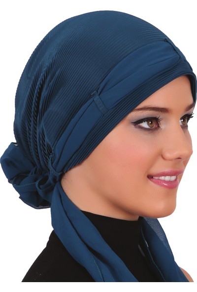 Fidan Bone Plise Fularlı Arkası Şifon İncili Çiçek Aksesuarlı Hazır Bone