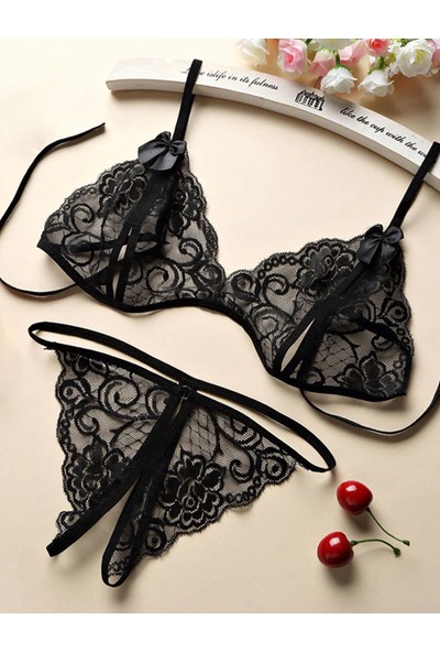 Liona Fantazi İç Giyim Dantelli Siyah Seksi İç Çamaşırı Kadın Siyah Sütyen Külot Takımı