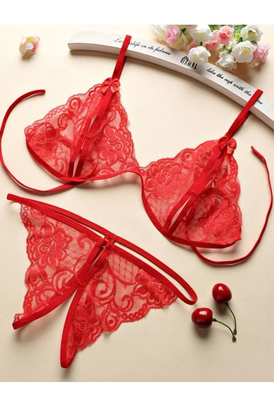 Liona Kırmızı Dantel Fantazi İç Giyim Kadın Seksi İç Çamaşırı Sütyen Külot Takımı