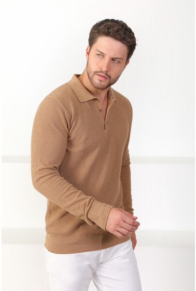 Ferraro Camel Polo Yaka Kol Detaylı Pamuk Erkek Kazak Ferraro Camel Polo Yaka Kol Detaylı Pamuk Erkek Kazak