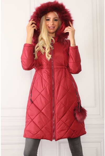 Dewberry Z6646 Dewberryn Kürklü Ponponlu Kadın Kaban-Bordo